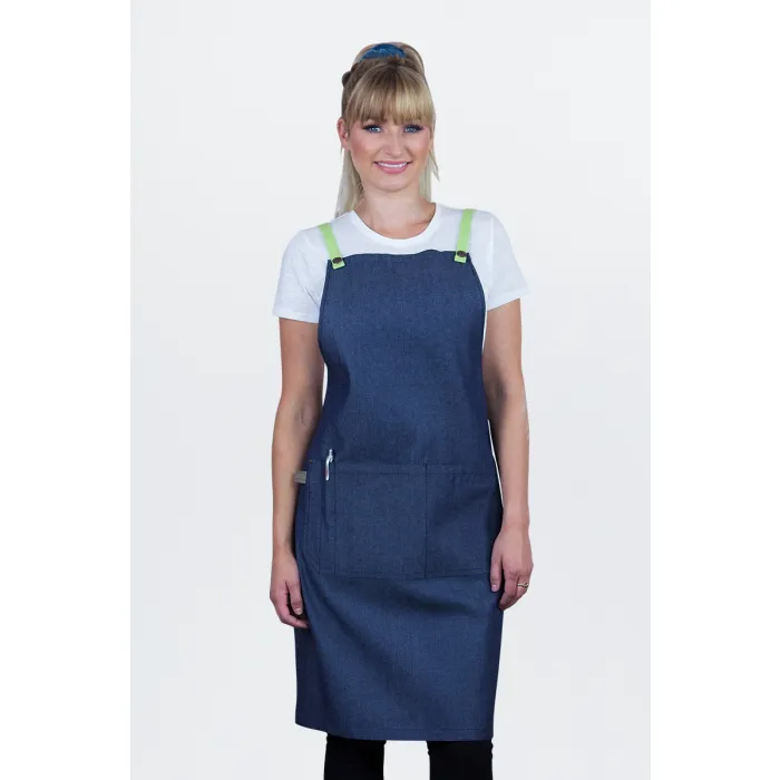 Buy Bella Bib Apron Blue with Lime ties online - Aussie Chef Aprons